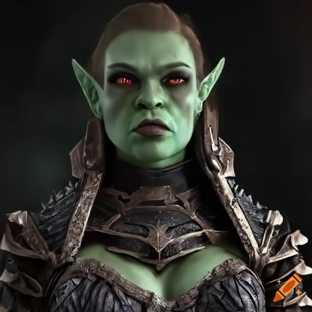 Heavily armored female orc in dark fantasy setting on Craiyon