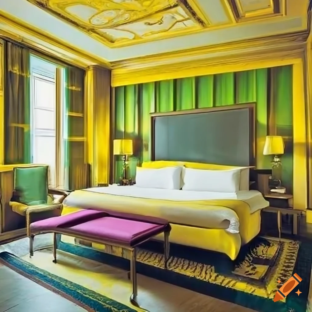 Luxurious green and yellow hotel room with stunning city view on Craiyon