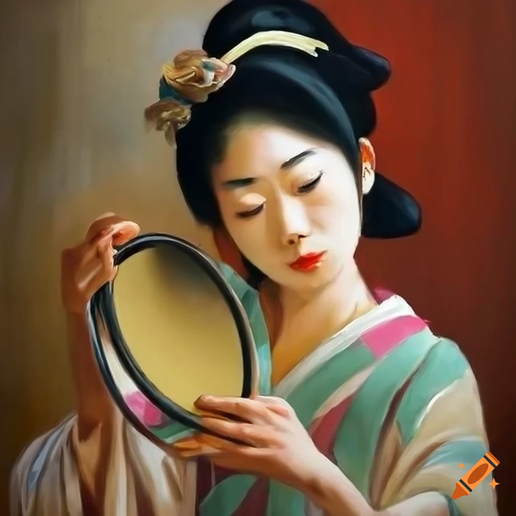 Japanese woman holding a mirror in an oil painting on Craiyon