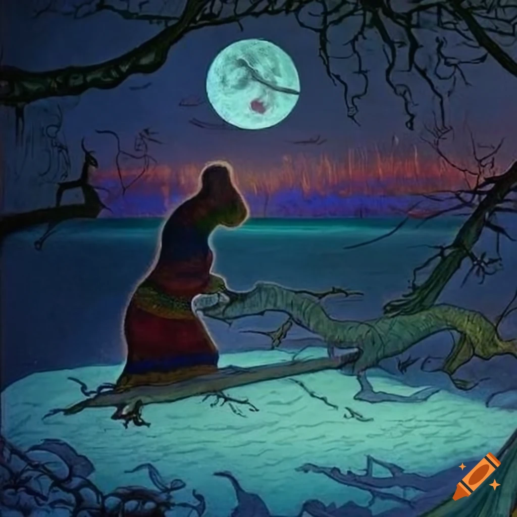 Illustration of serpents, grapevines, oak forest, mountain peaks, a ...