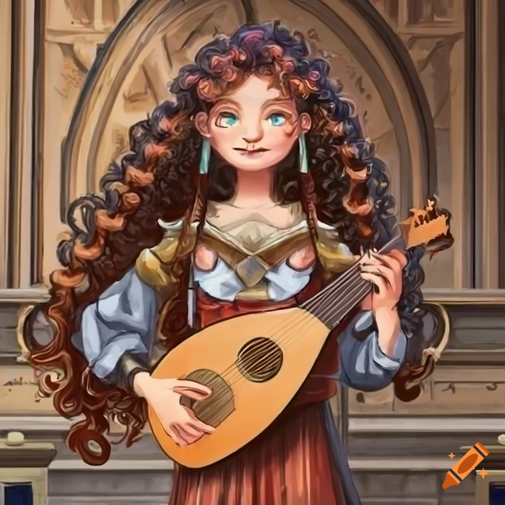 Smiling bard playing a lute in a wooden palace courtyard on Craiyon