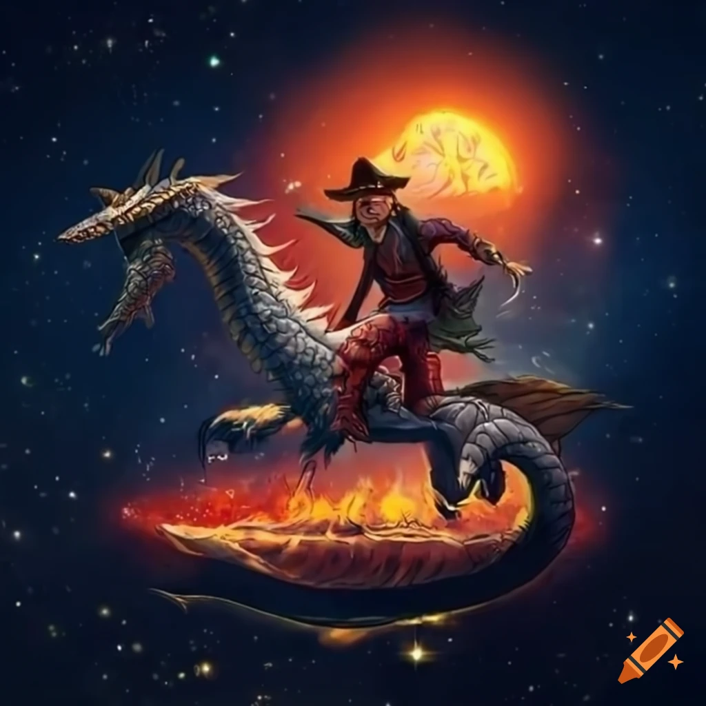 Pirate cowboy riding a fire-breathing dragon in space on Craiyon