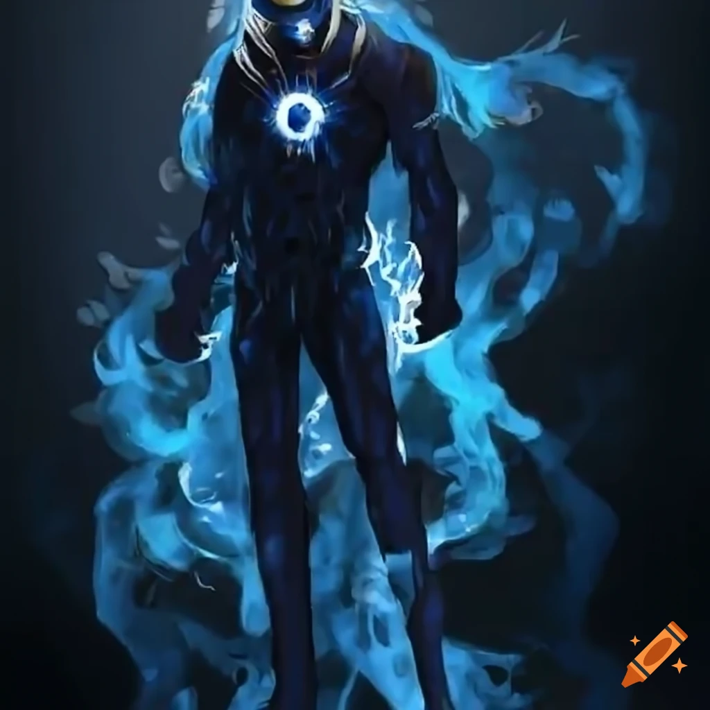 Fearsome superhero in blue and black outfit standing on a fiery ...