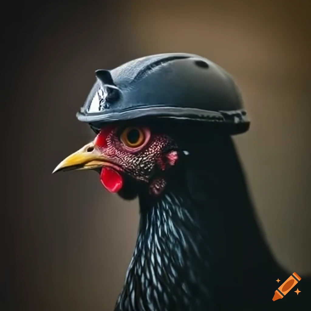 Chicken dressed as swat with black helmet and visor, armed, looking ...