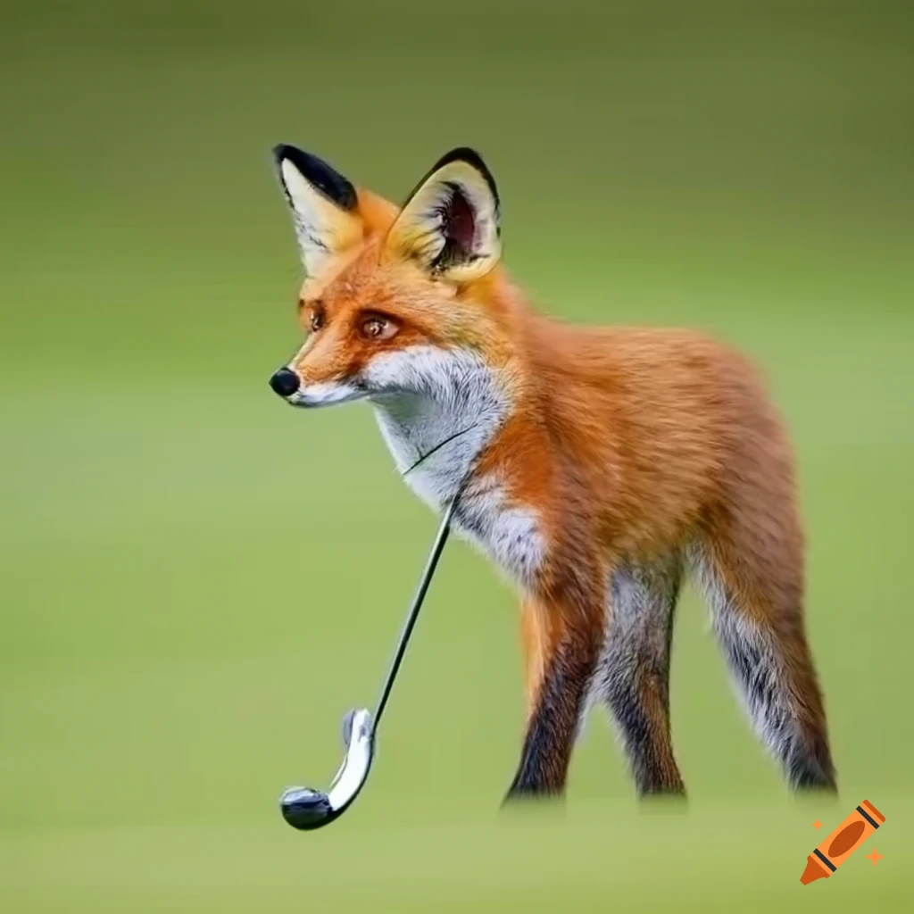 Playful red fox wearing a scarf playing golf with a group of animals on ...