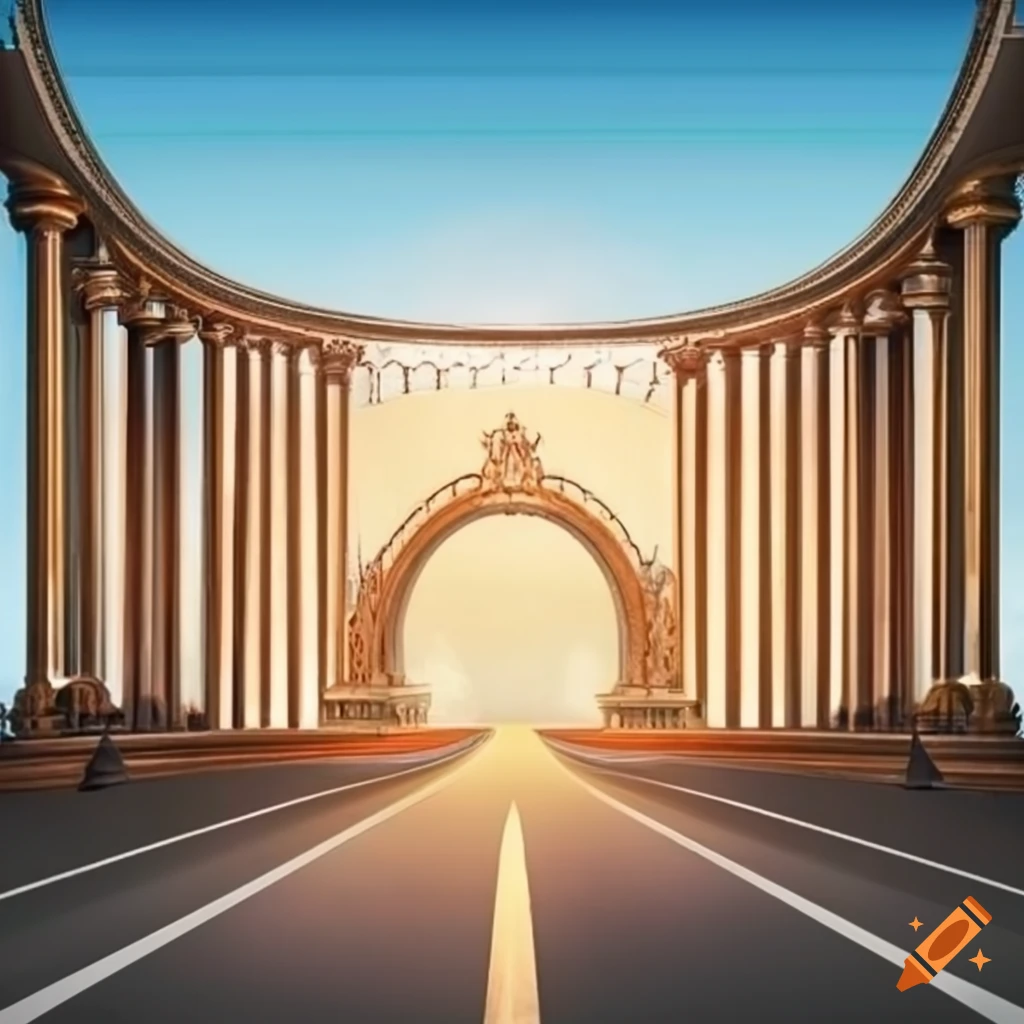 Realistic baroque elegant long bridge highway with high royal columns ...