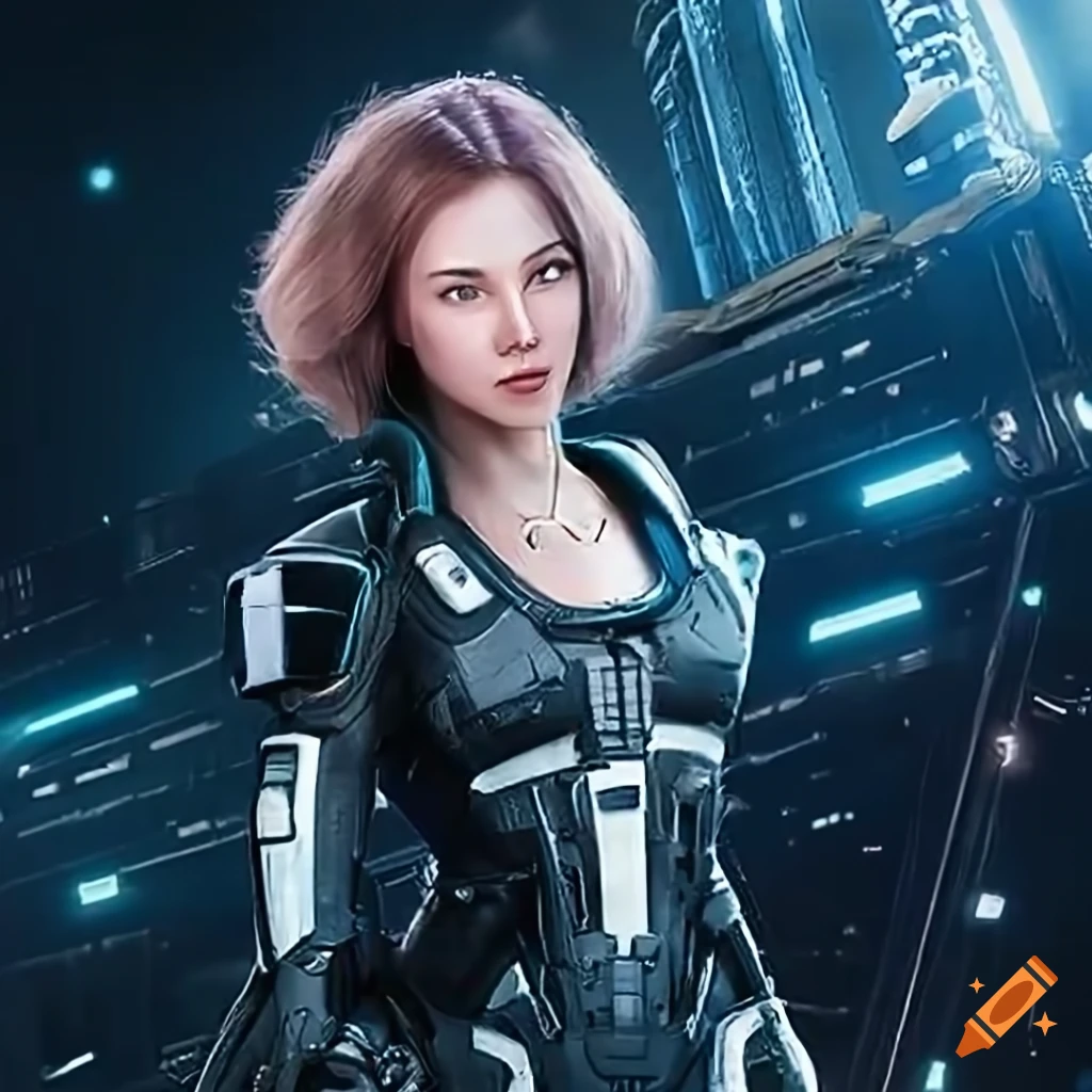 Fierce science-fiction heroine in a futuristic metropolis on Craiyon