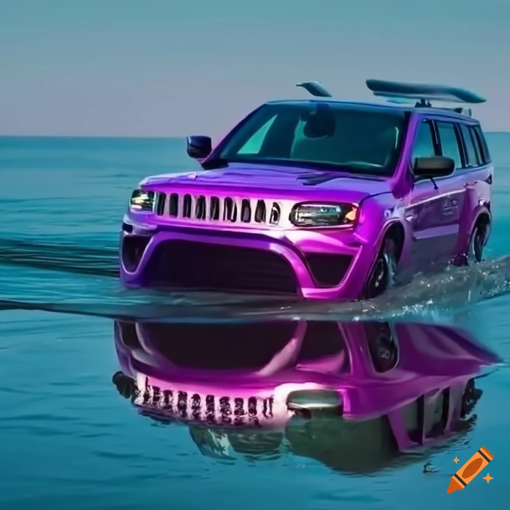 Modified purple Jeep Trackhawk driving on water on Craiyon