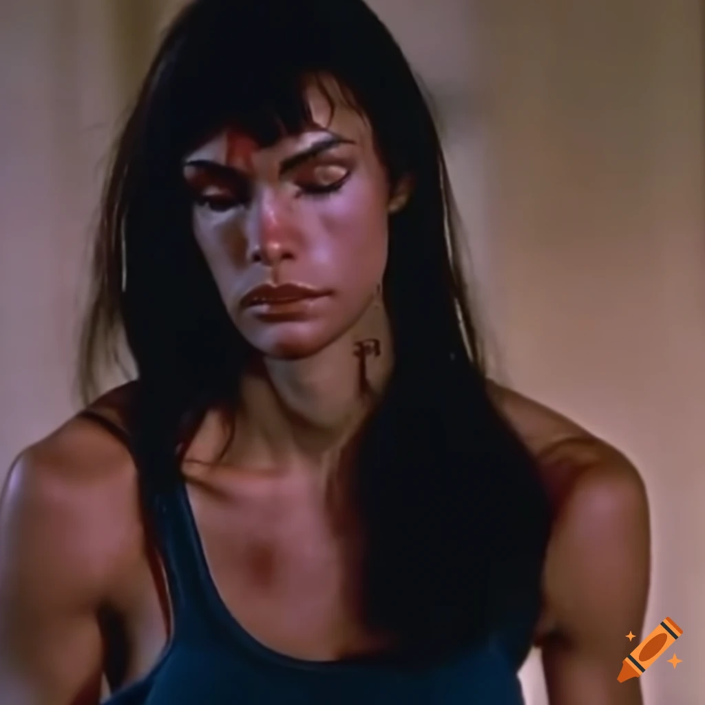 Female martial arts fighter with bruised face in 80s movie scene on Craiyon