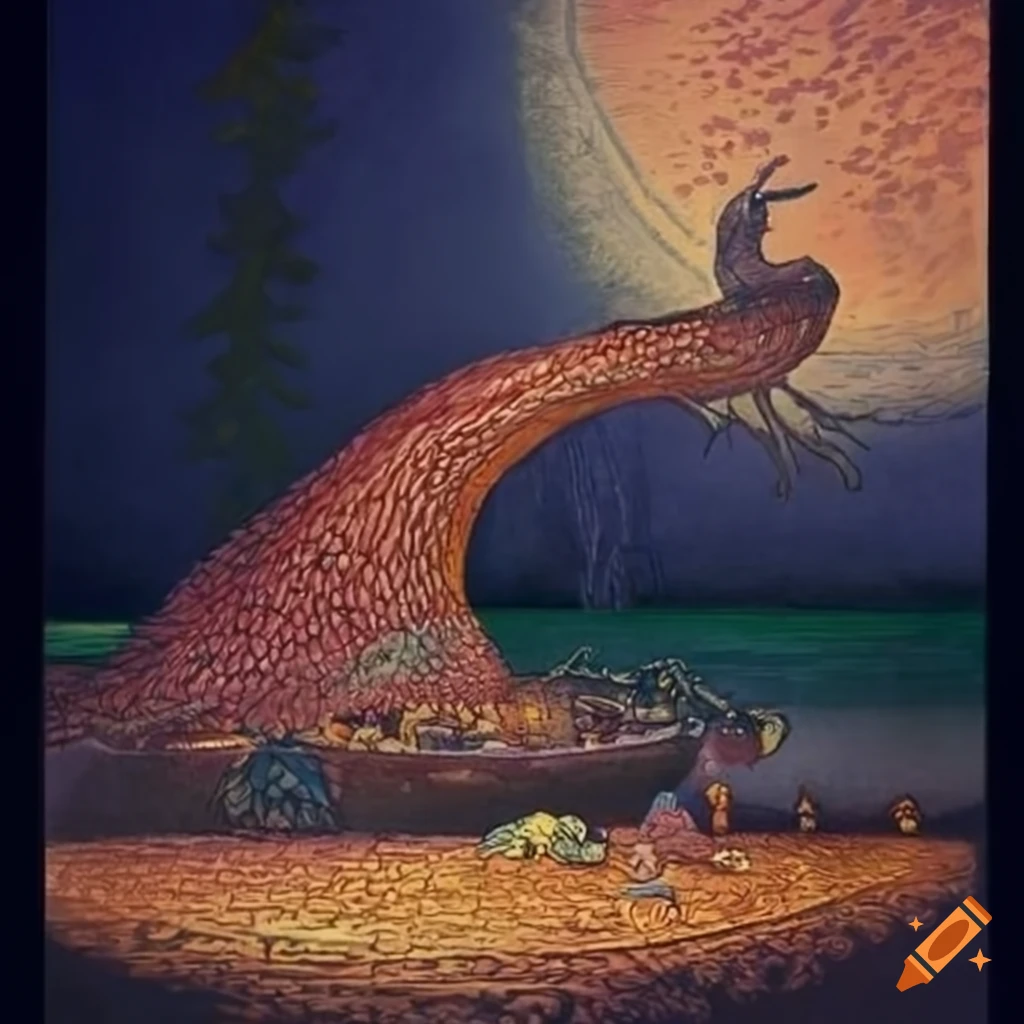 Illustration of serpents, grapevines, oak forest, mountain peaks, a ...