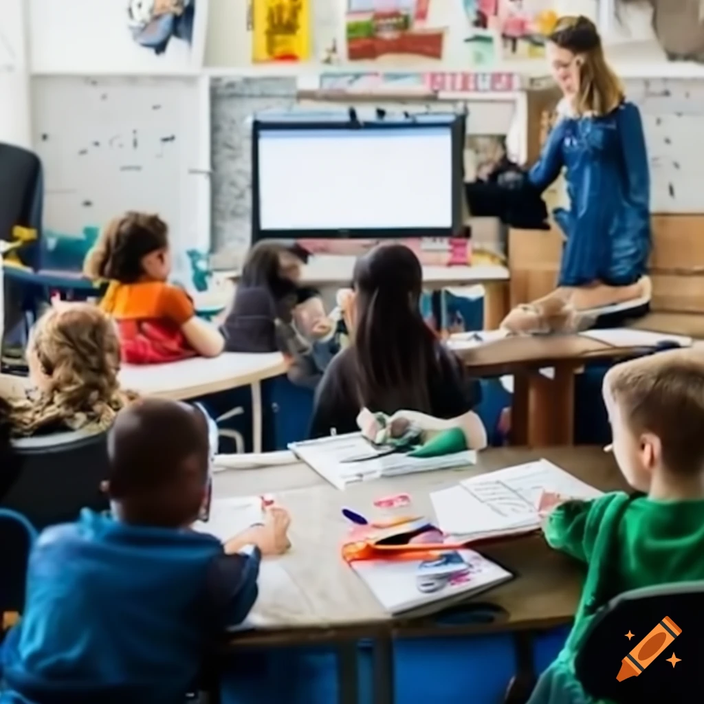 Classroom filled with students discussing climate change impact on Craiyon