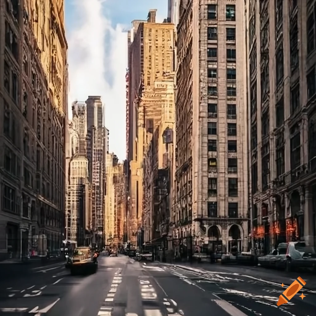 Downtown street view of new york city with tall buildings on Craiyon