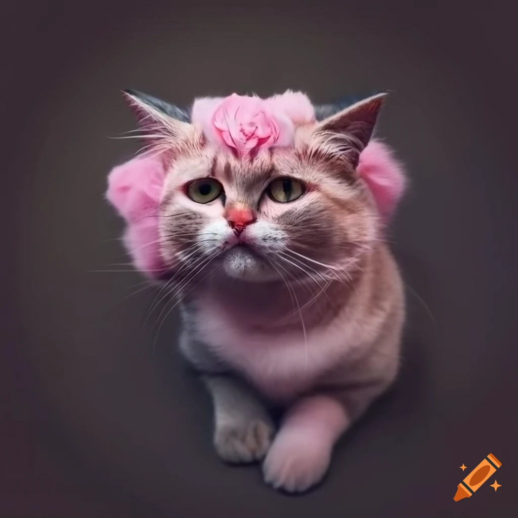 Pink fur cat with black rose flower crown and tiny fangs on Craiyon