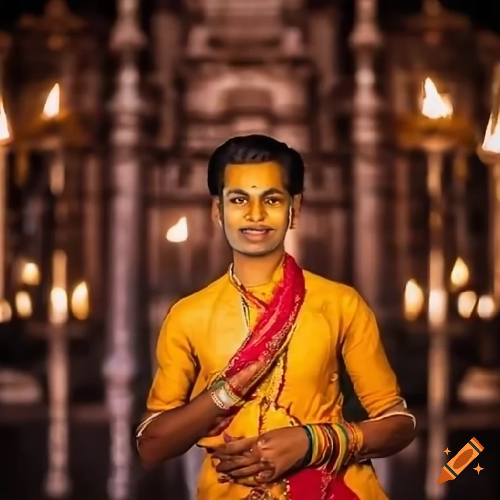 Indian man celebrating diwali in front of decorated temple complex in ...