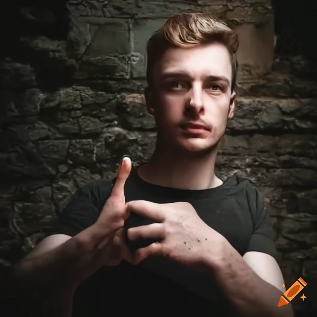 Irish man signing in american sign language in an abandoned stone ...
