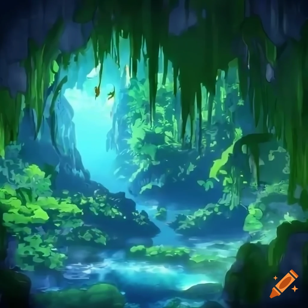 Lush underground cave with magical glowing berries and terraced pools ...