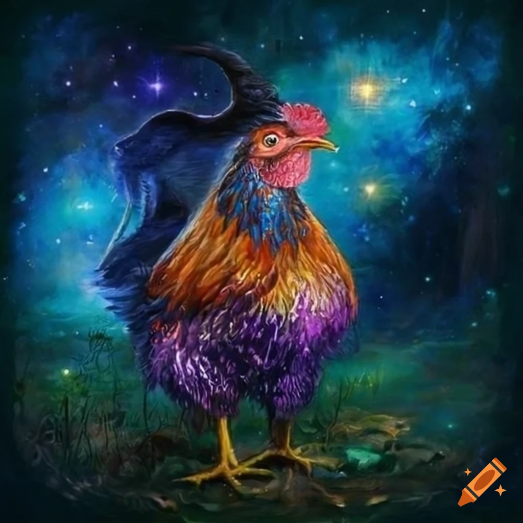 Realistic chicken in a wizard hat in a cosmic forest on Craiyon