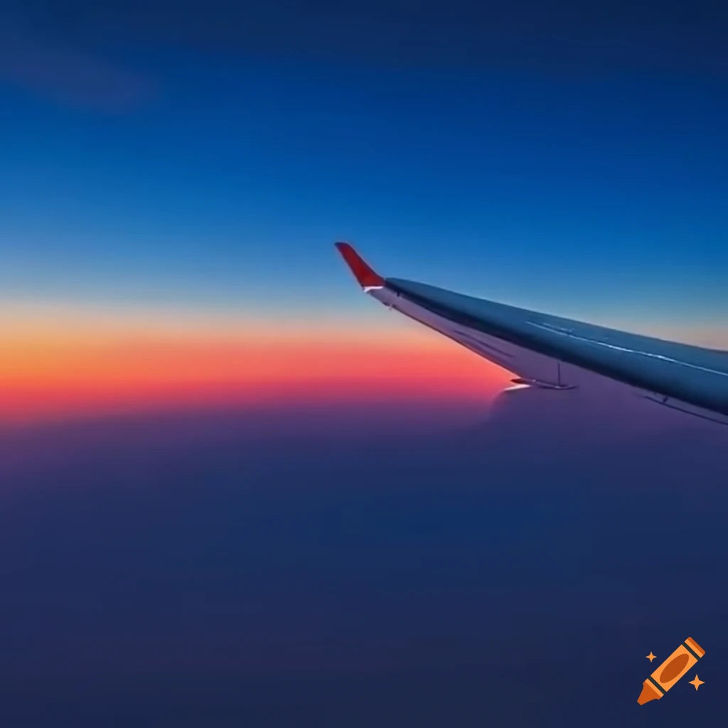 View from plane window with orange winglet, silver wing, and blue sky ...