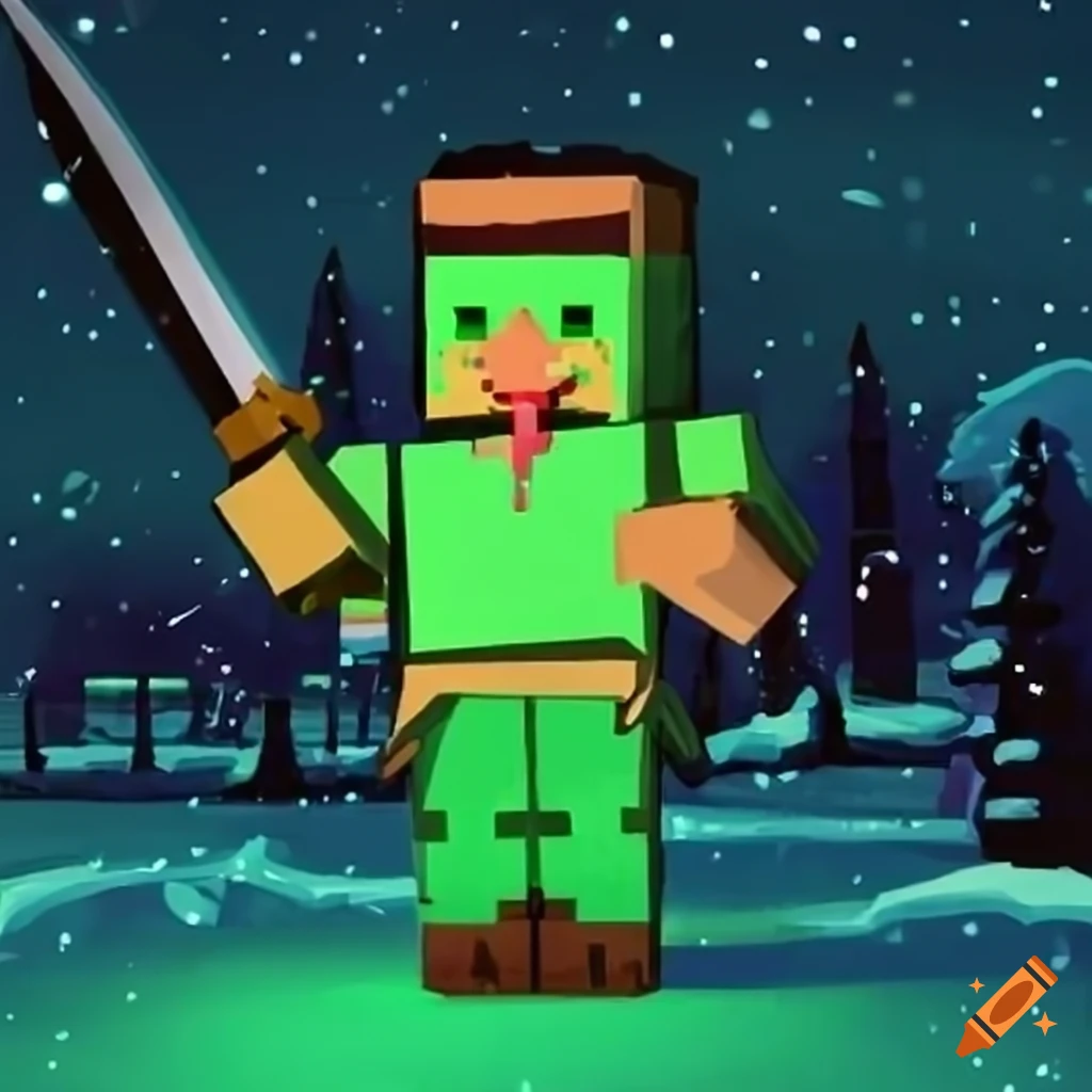 Blocky man defending himself with a green glowing sword in a snowy ...