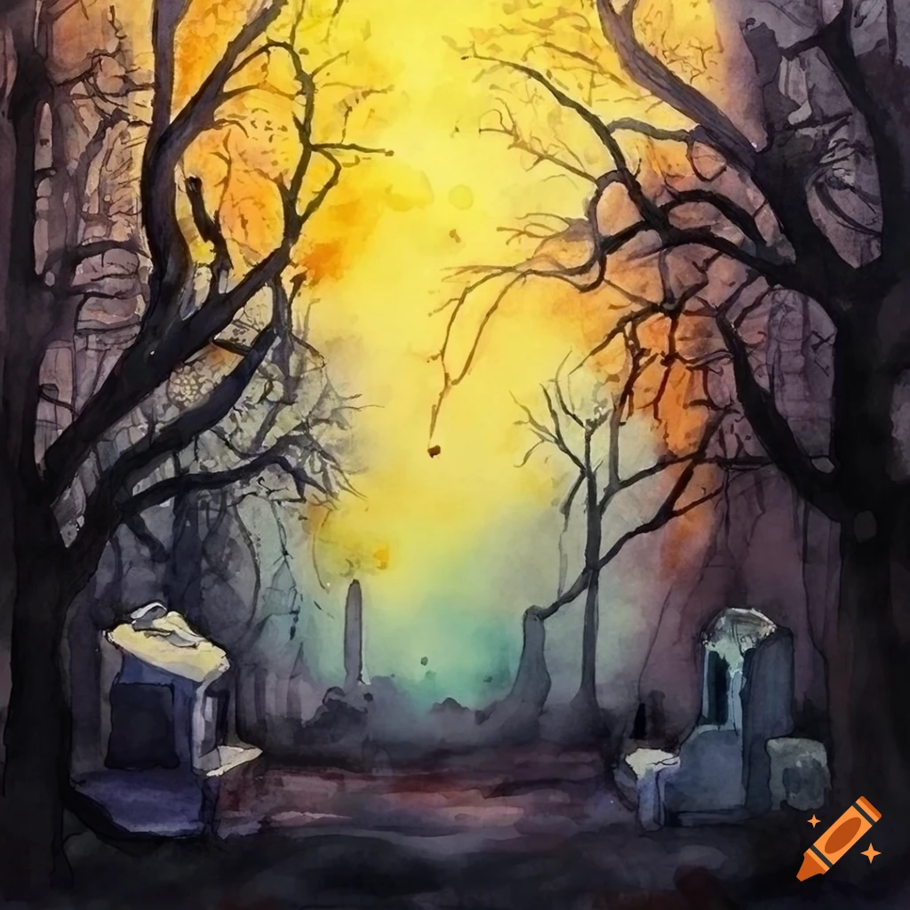 Watercolor painting of an orange cemetery with haunting black trees on ...
