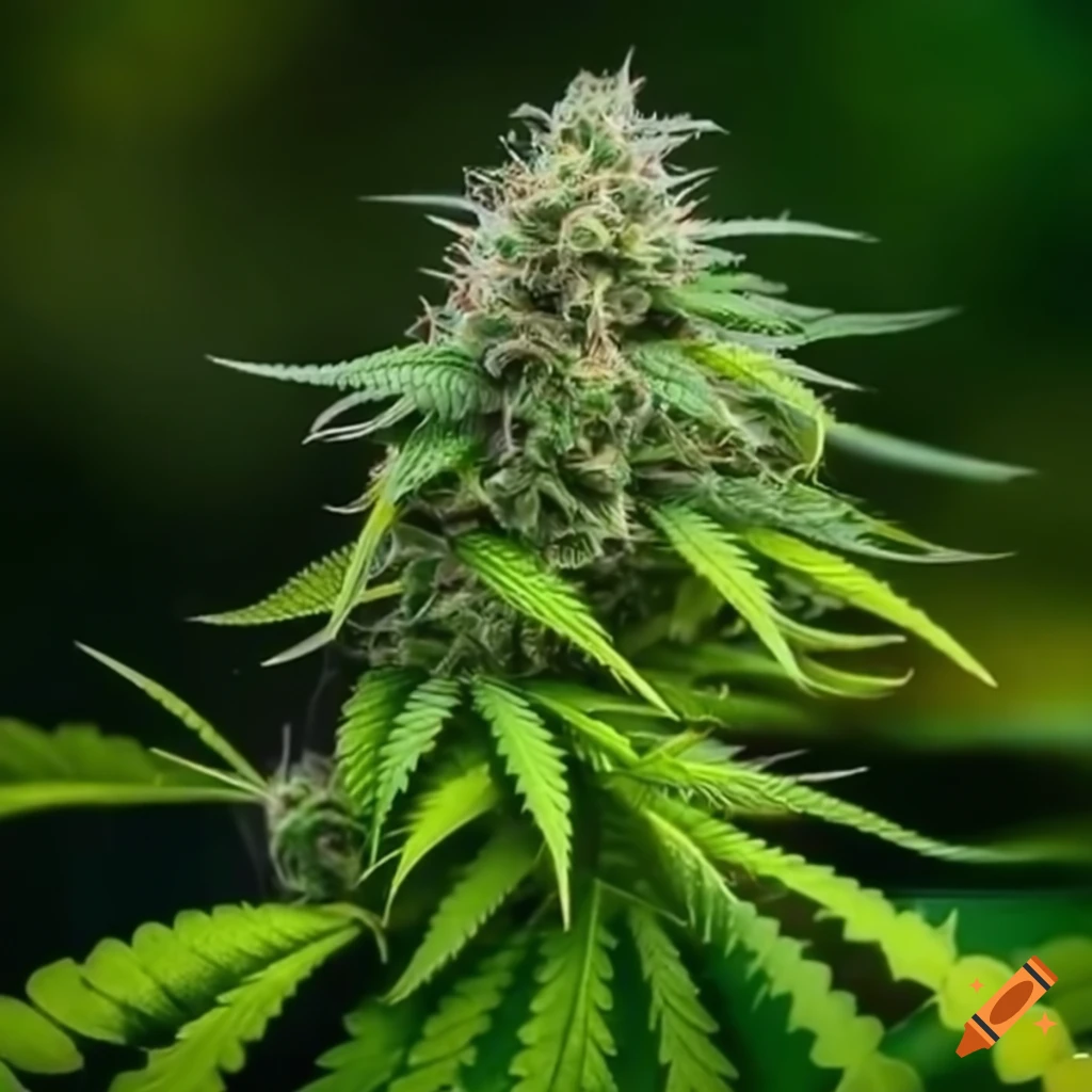 Healthy and vibrant marijuana plant with large leaves and resinous buds on Craiyon