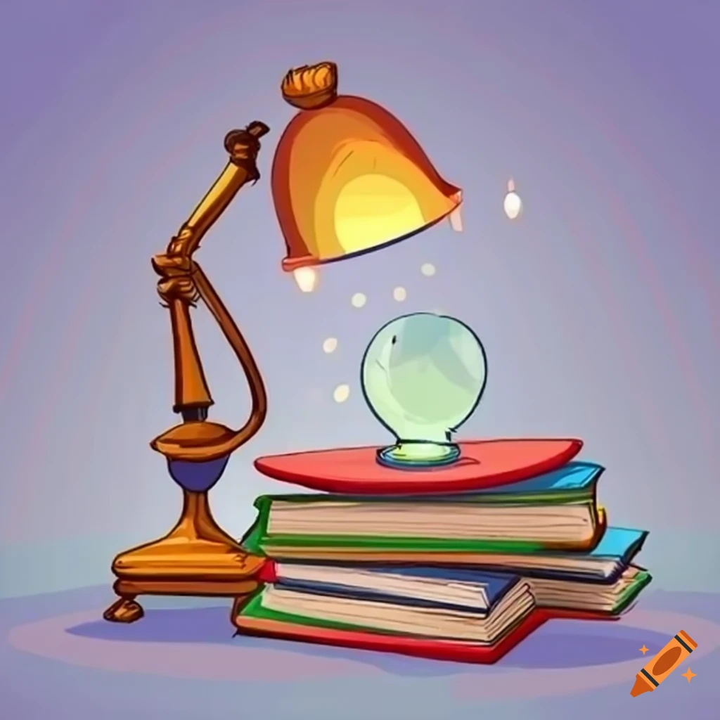 Cartoon style table with books and lamp on Craiyon