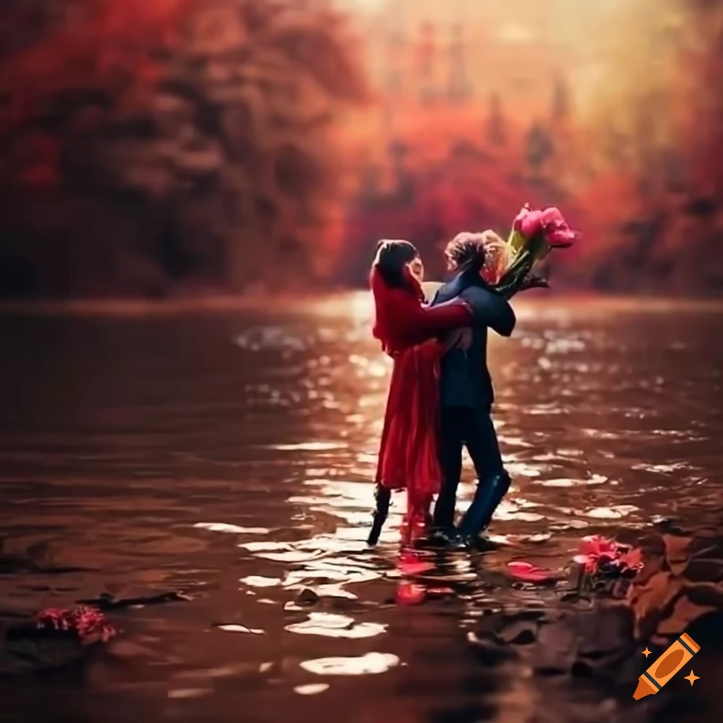 Couple walking by the river with man holding a bouquet of red roses on ...