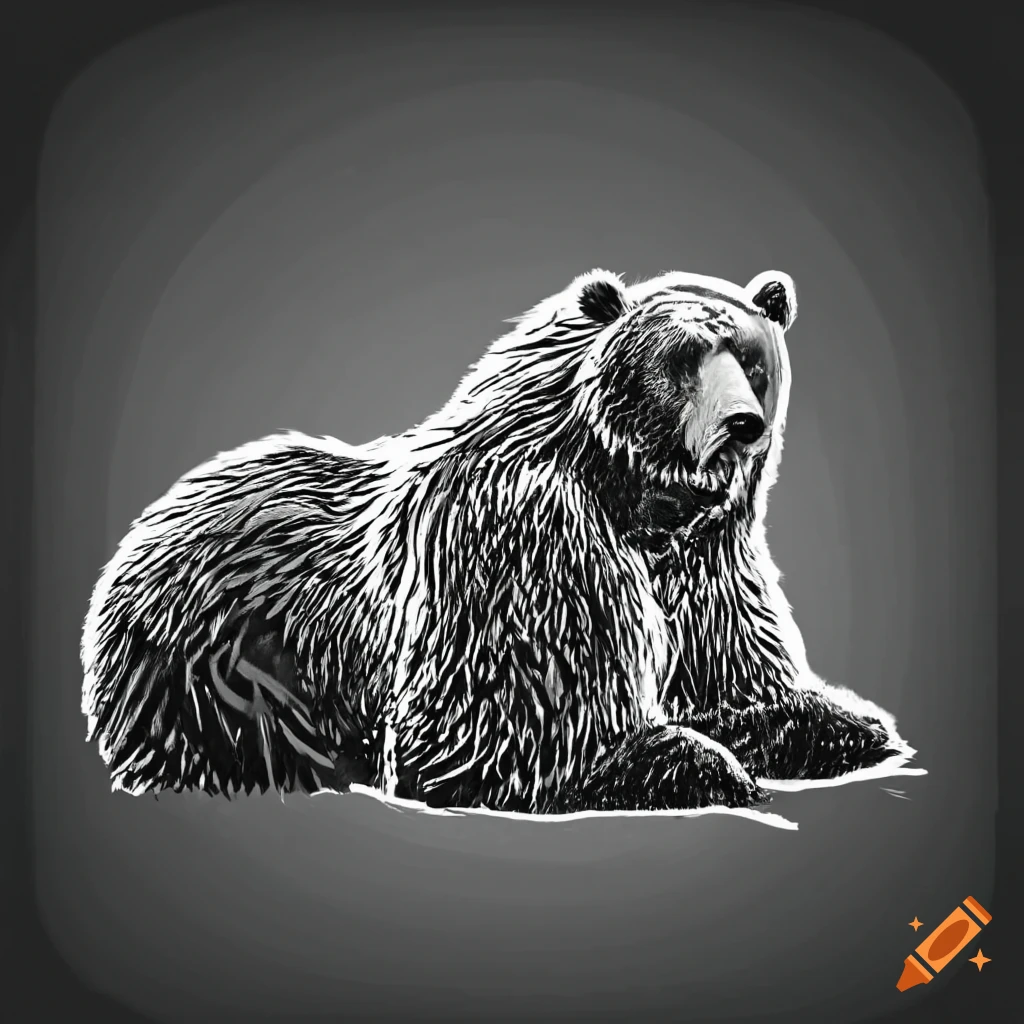 Side view of a contented grizzly bear laying down in detailed black and ...