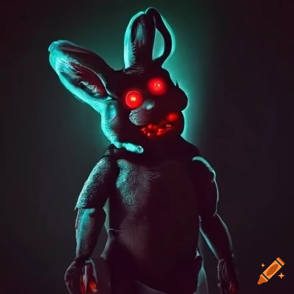 Sinister black animatronic bunny with glowing red eyes in a dark room ...