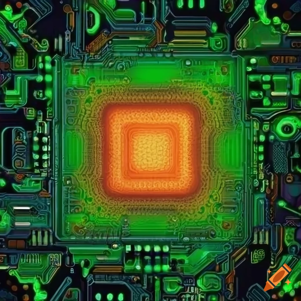 High resolution abstract artwork of glowing circuit board components on ...