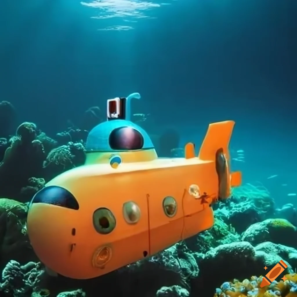 Mini submarine exploring vibrant coral gardens with marine life on Craiyon