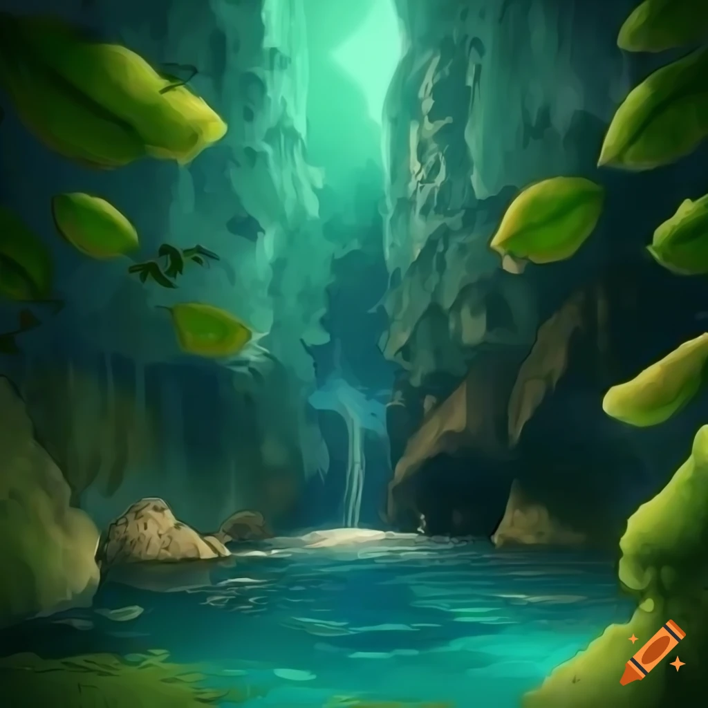 Lush cave with magical glowing berries and serene pools of water on Craiyon
