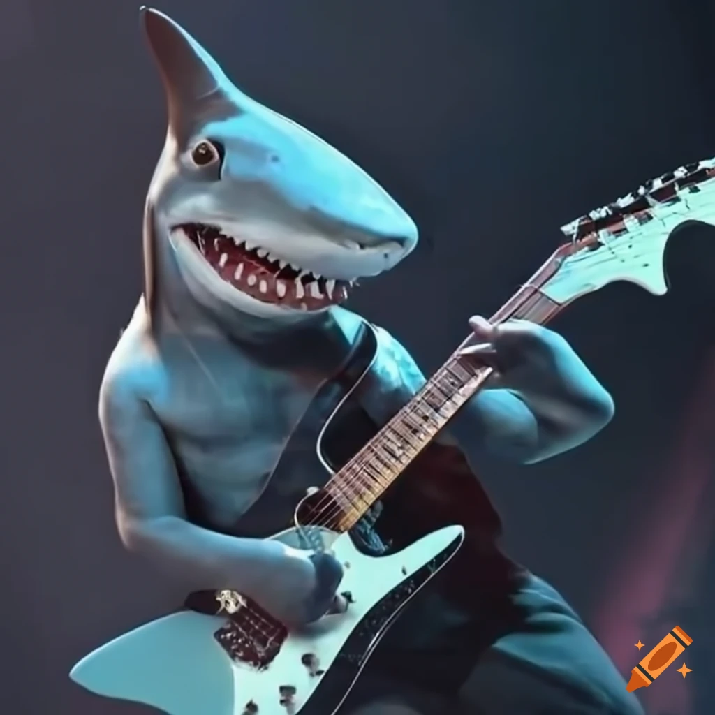 Shark playing electric guitar at concert on Craiyon
