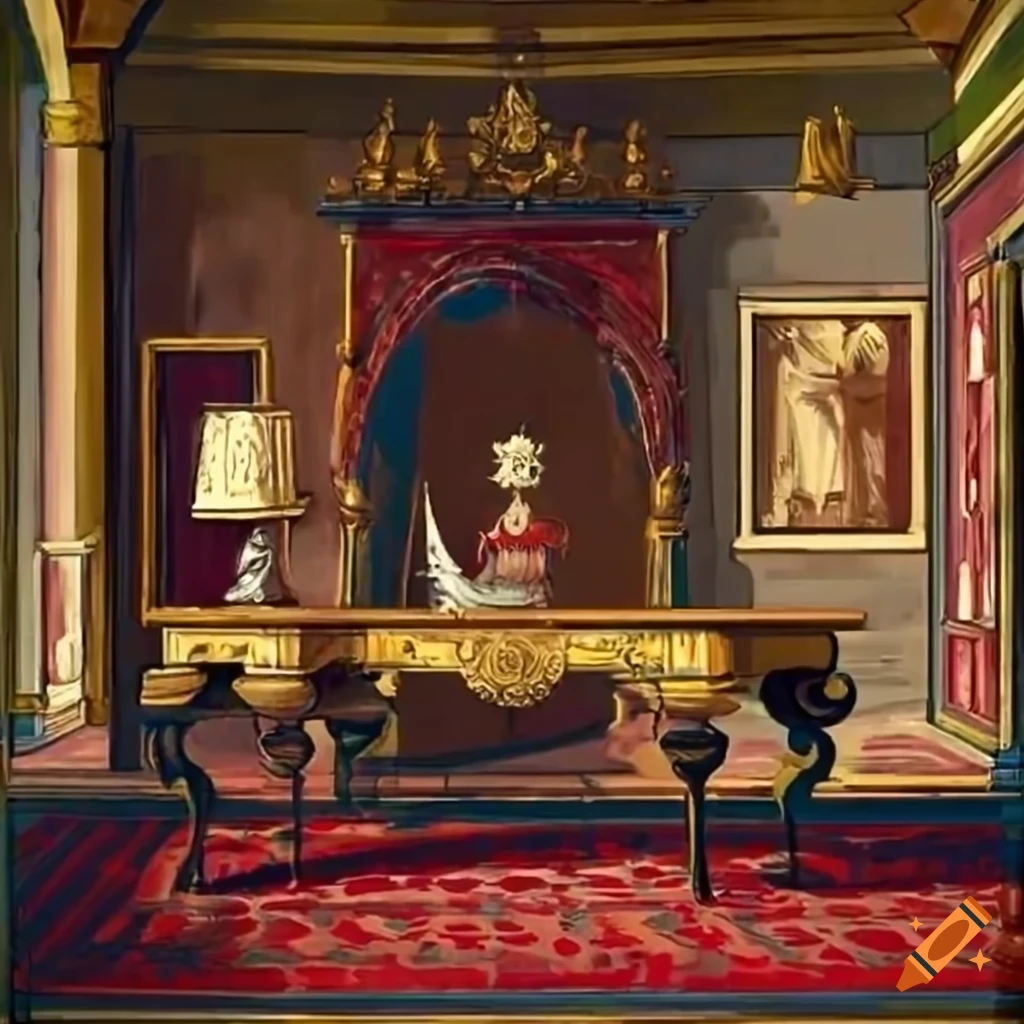 Grand wooden table with detailing in a palace, with a king and a queen ...