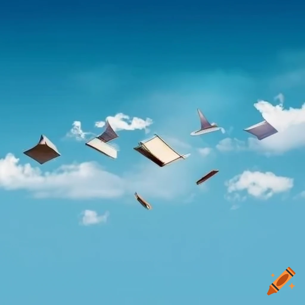 Blue sky with flying books on Craiyon