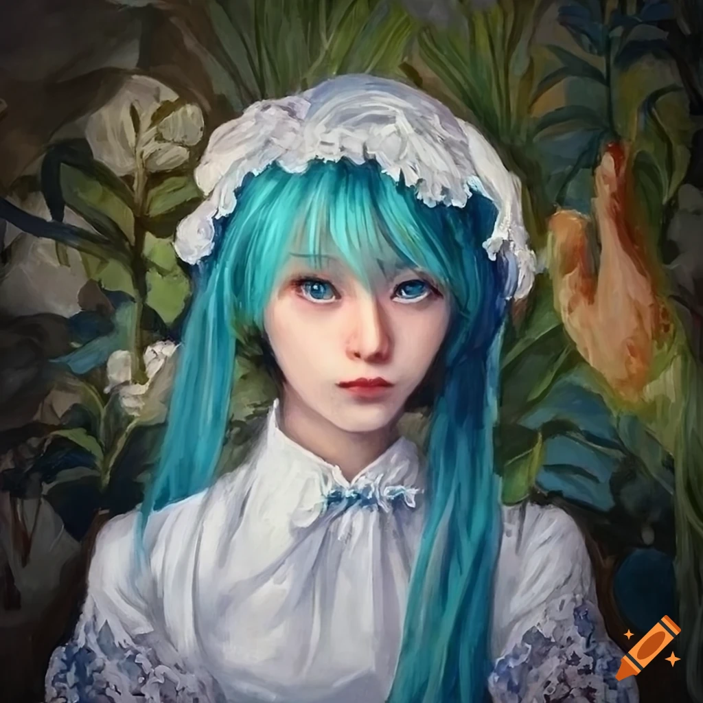Realistic Hatsune Miku in an Edwardian-style white and blue dress with ...