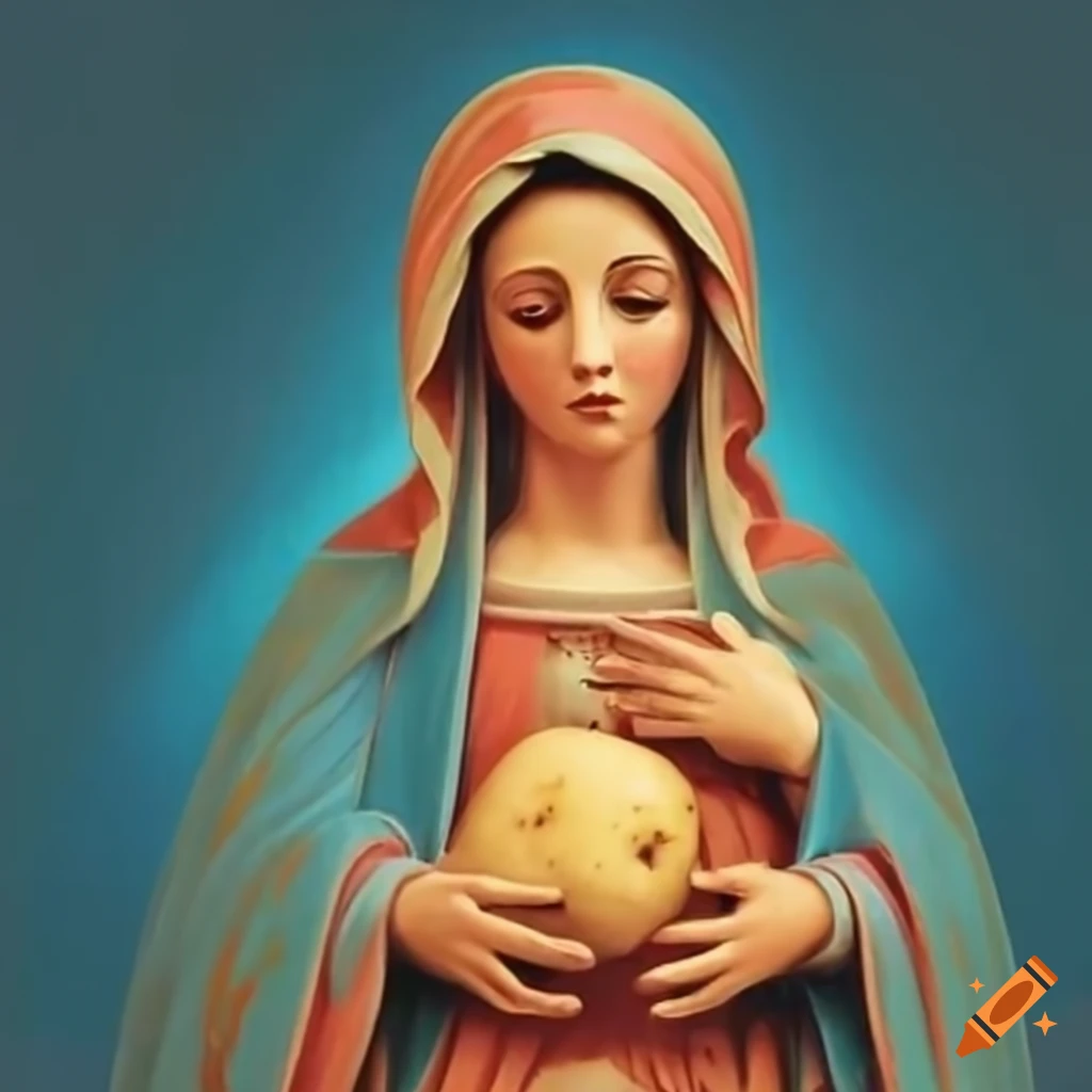Religious depiction of the virgin mary on a potato on Craiyon