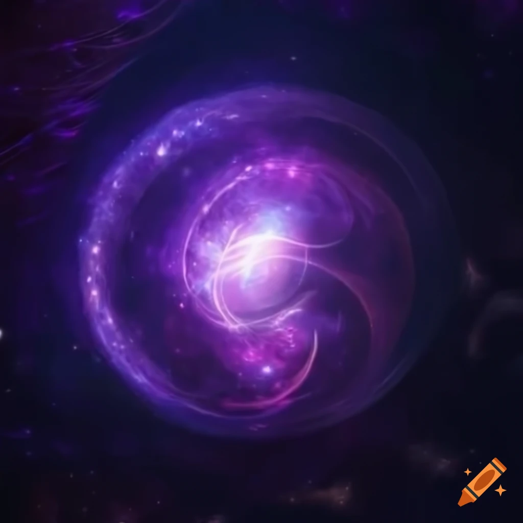 Silky purple energy orb surrounded by chaotic energy particles on Craiyon