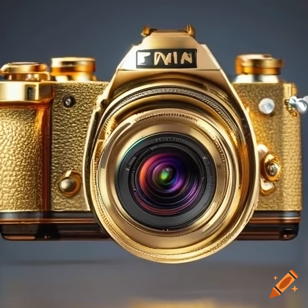 Luxurious gold nikon fe camera from an elevated angle on Craiyon
