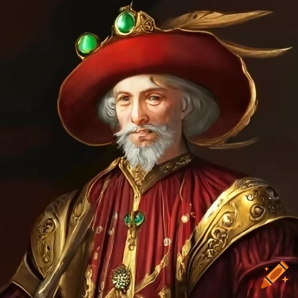 Middle-aged male bard in opulent crimson and gold robes with emerald ...