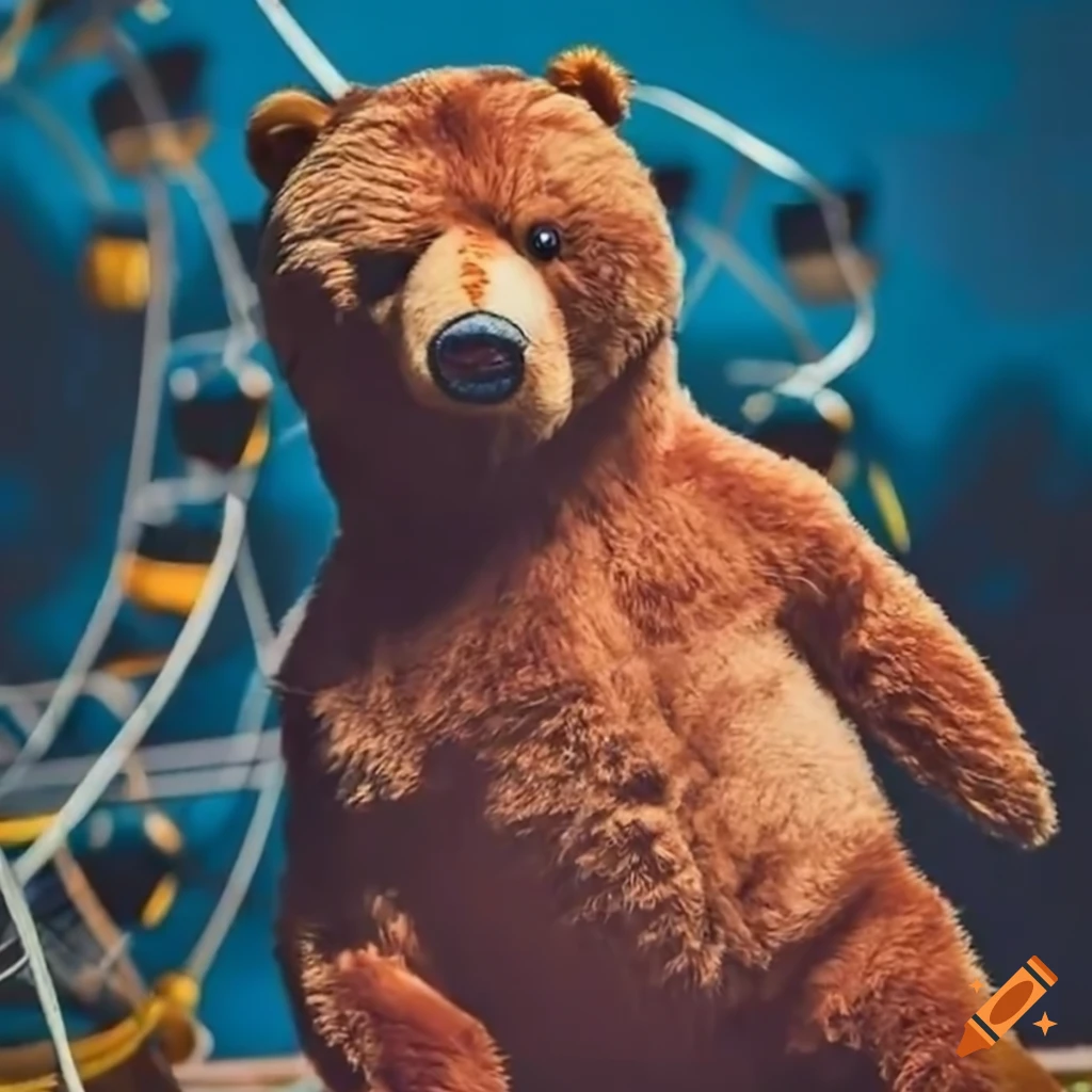 Confused plush grizzly bear next to a toy ferris wheel on Craiyon