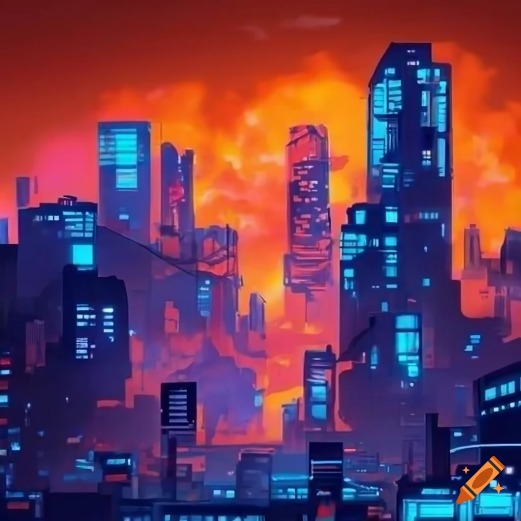 Blue neon cyberpunk city skyline with orange mushroom cloud explosion ...