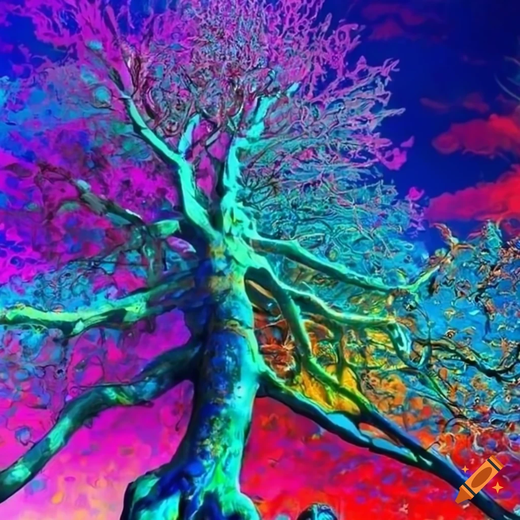Vividly colored tree with psychedelic patterns on Craiyon