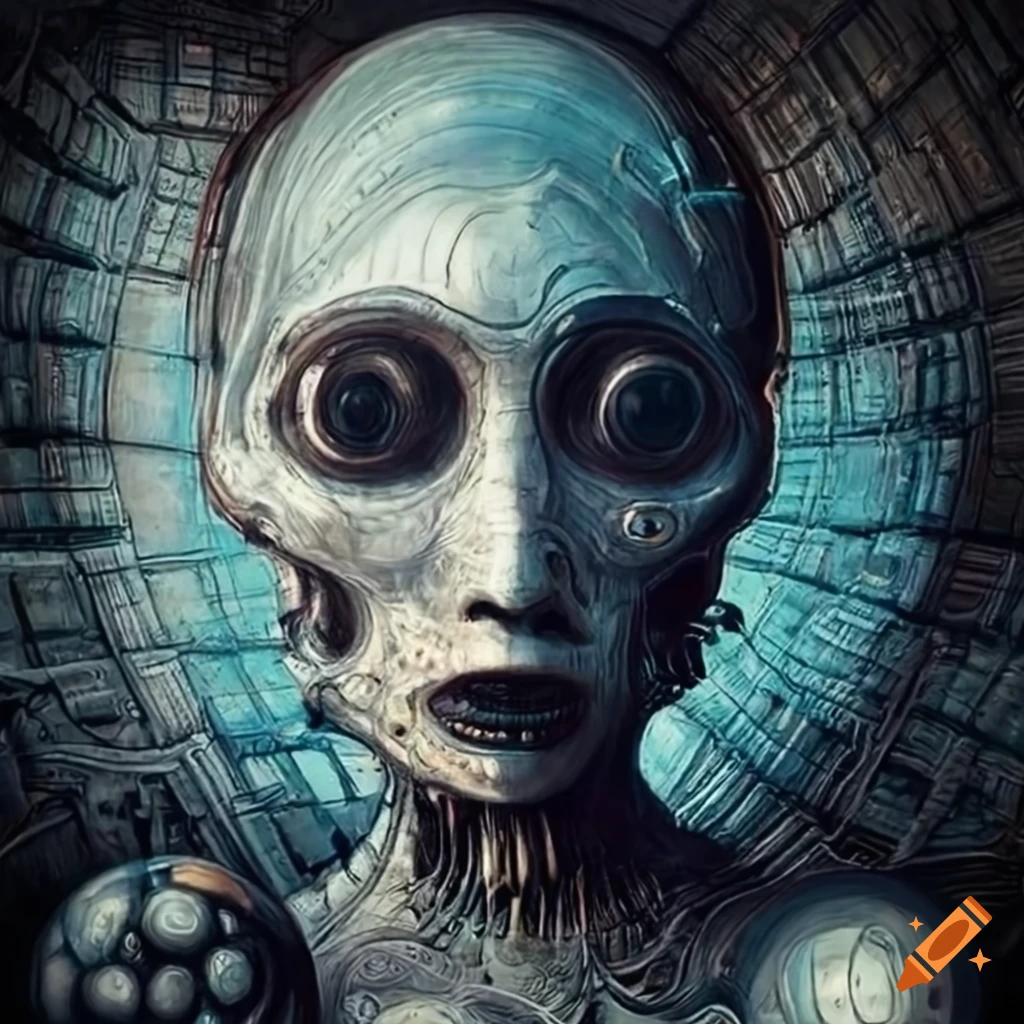 Surrealistic alien robot mother in the control room of an interstellar ...