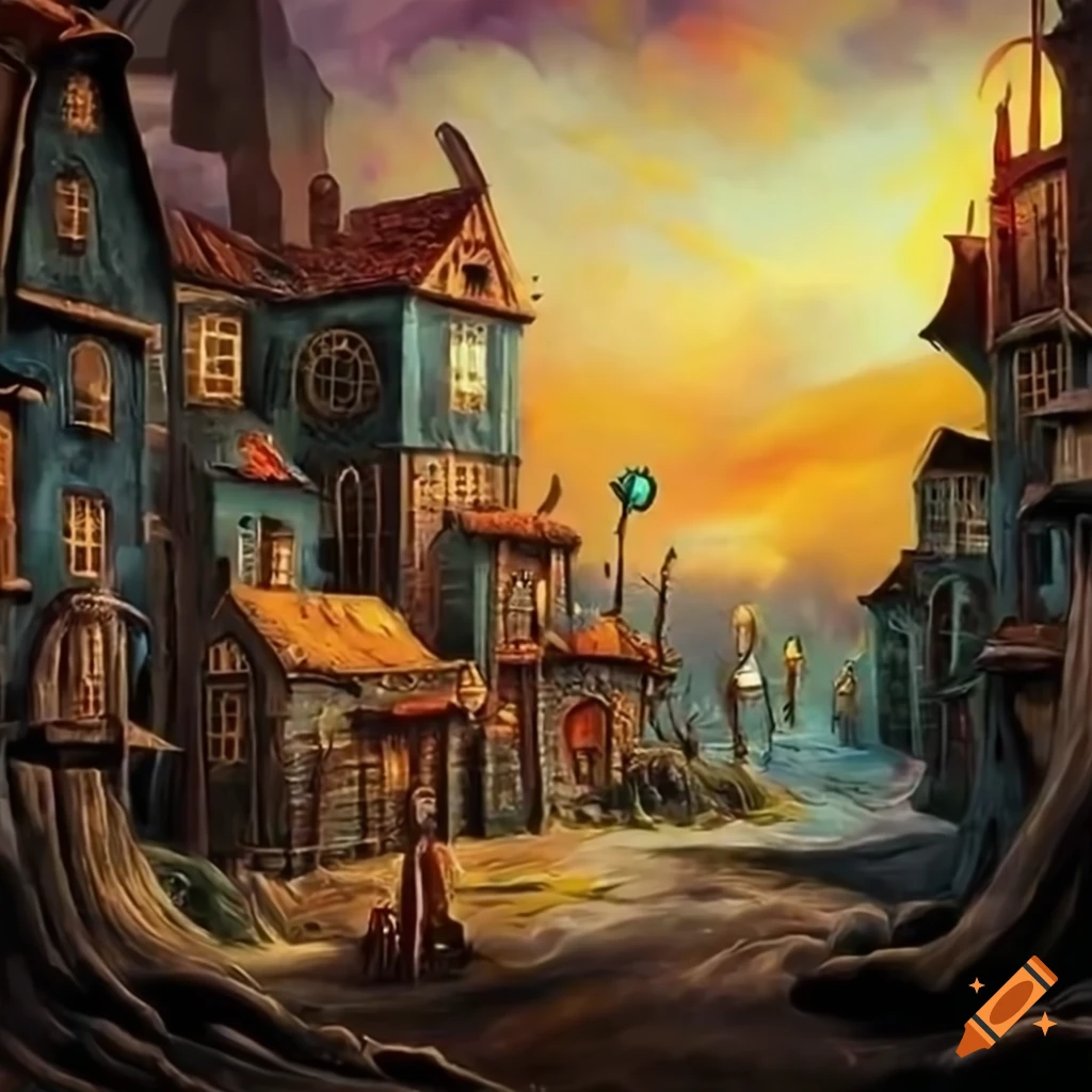 Steampunk village among the mountains inspired by dr. seuss and tim ...