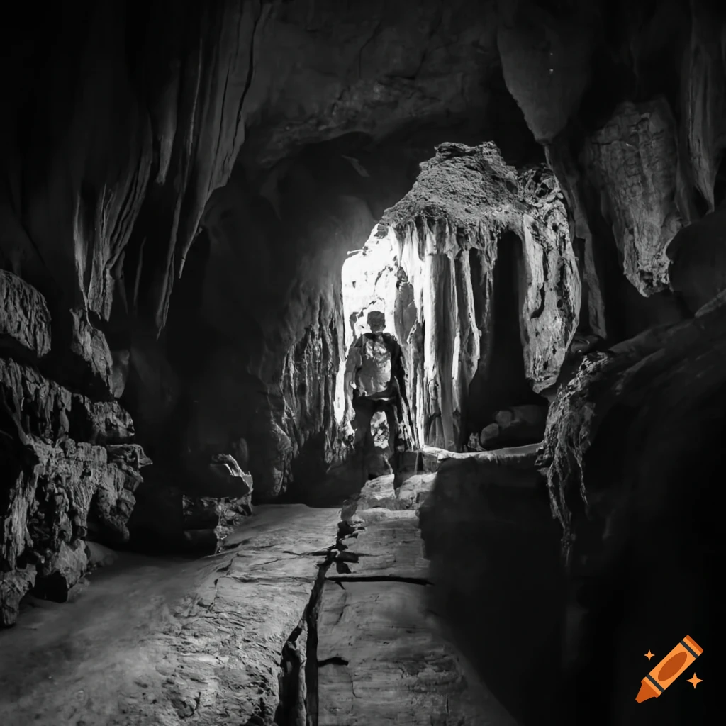 Adventurous archaeologist exploring ancient ruins in a cave in black and white on Craiyon