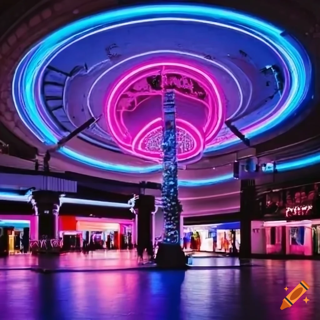 80's neon lights in a space mall with blue and pink lights on Craiyon