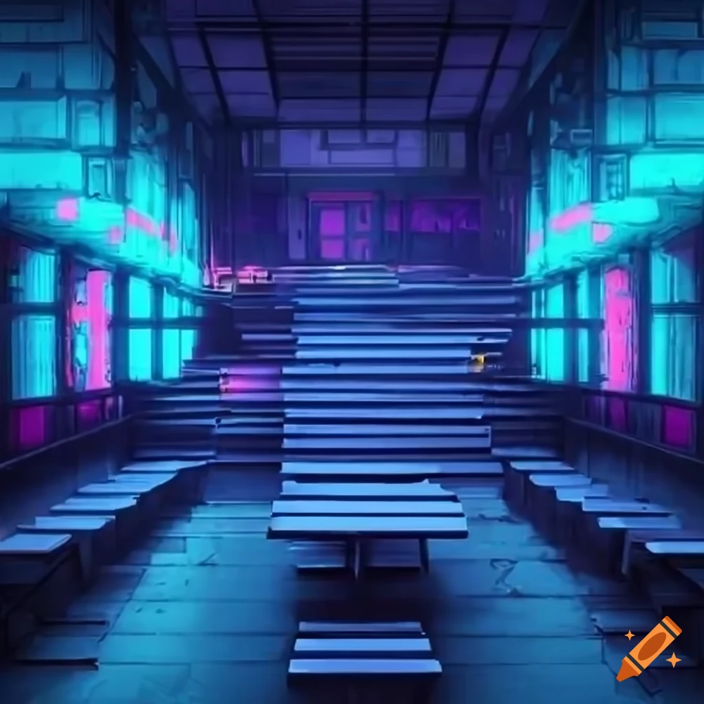 Cyberpunk school checkroom with winter coats, hooks, benches, and ...