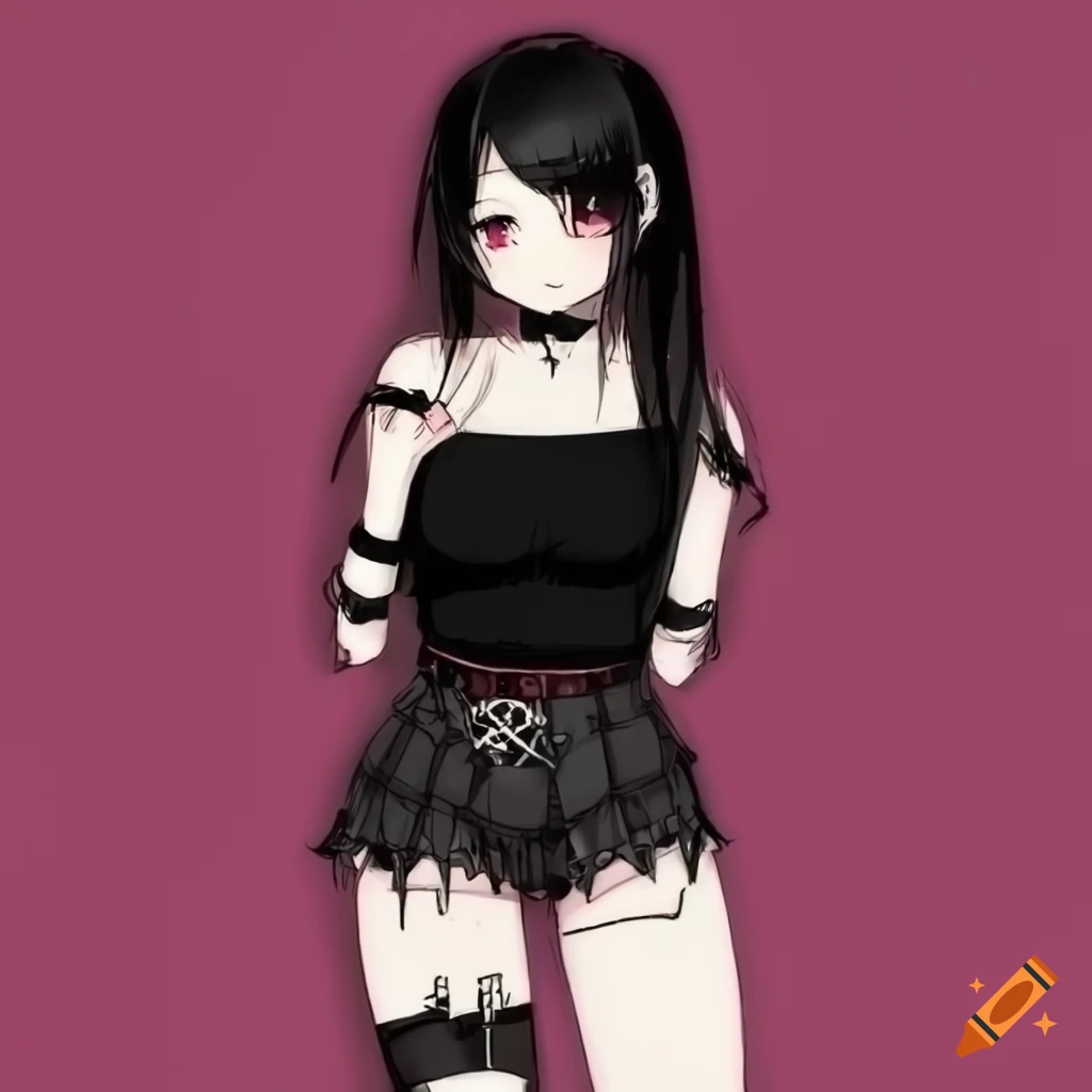 Goth anime girl wearing black outfit with shy pose on Craiyon