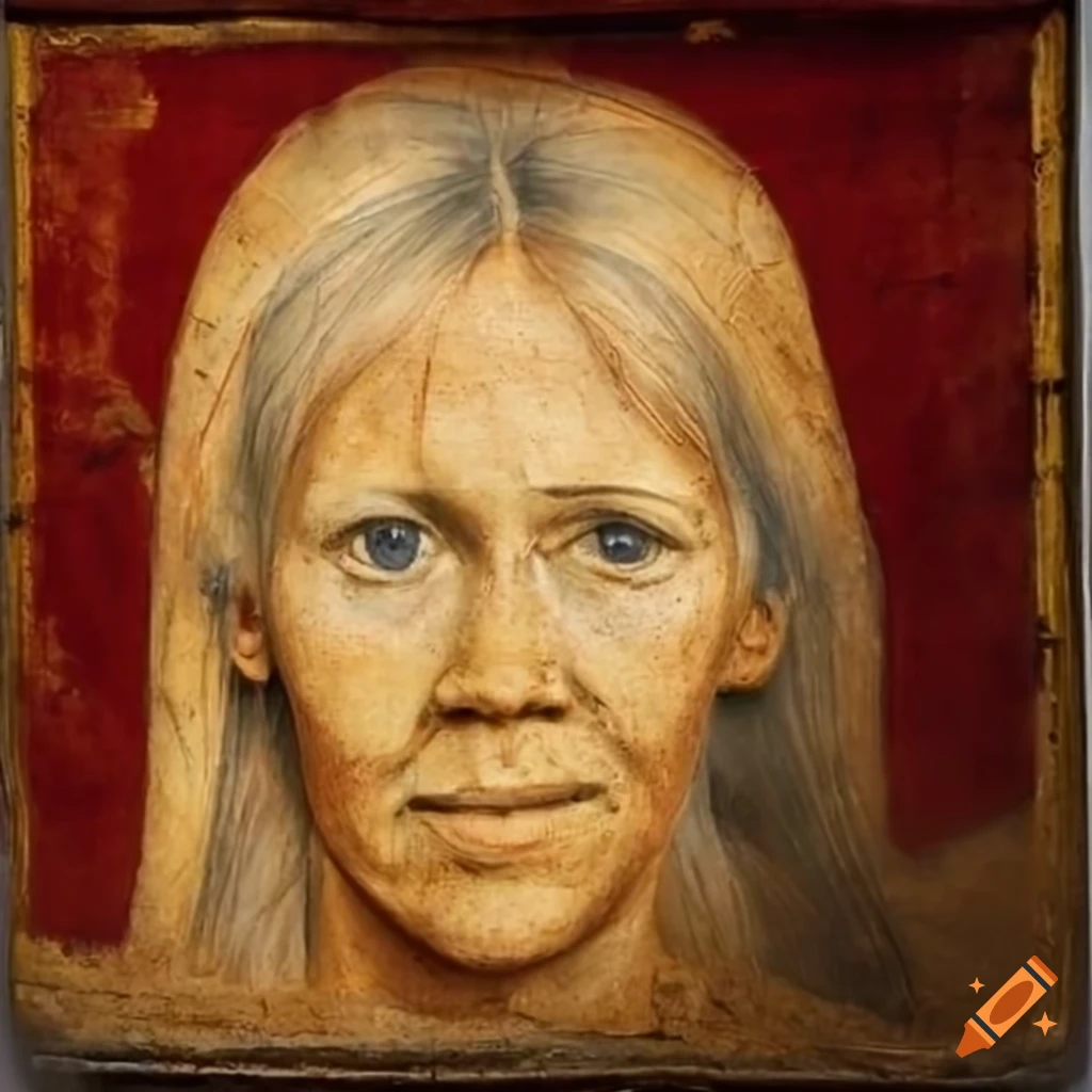 Close-up painted mummy portrait of agnetha fältskog on sarcophagus on ...